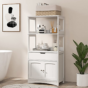 GLACER Large Bathroom Floor Cabinet, Freestanding Multipurpose Storage Cabinet with Drawer, 2 Open Shelves and Door Cupboard for Bathroom, Kitchen or Living Room, 24 x 13 x 48 inches (White)