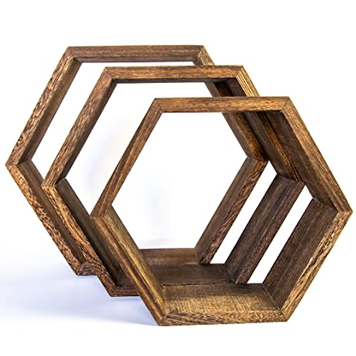 Hexagon Wooden Shelves – Set of 3 Geometric Floating Wall Shelf –Small, Medium, Large -Rustic Brown Honeycomb Design for Bedroom, Living Room, Office.