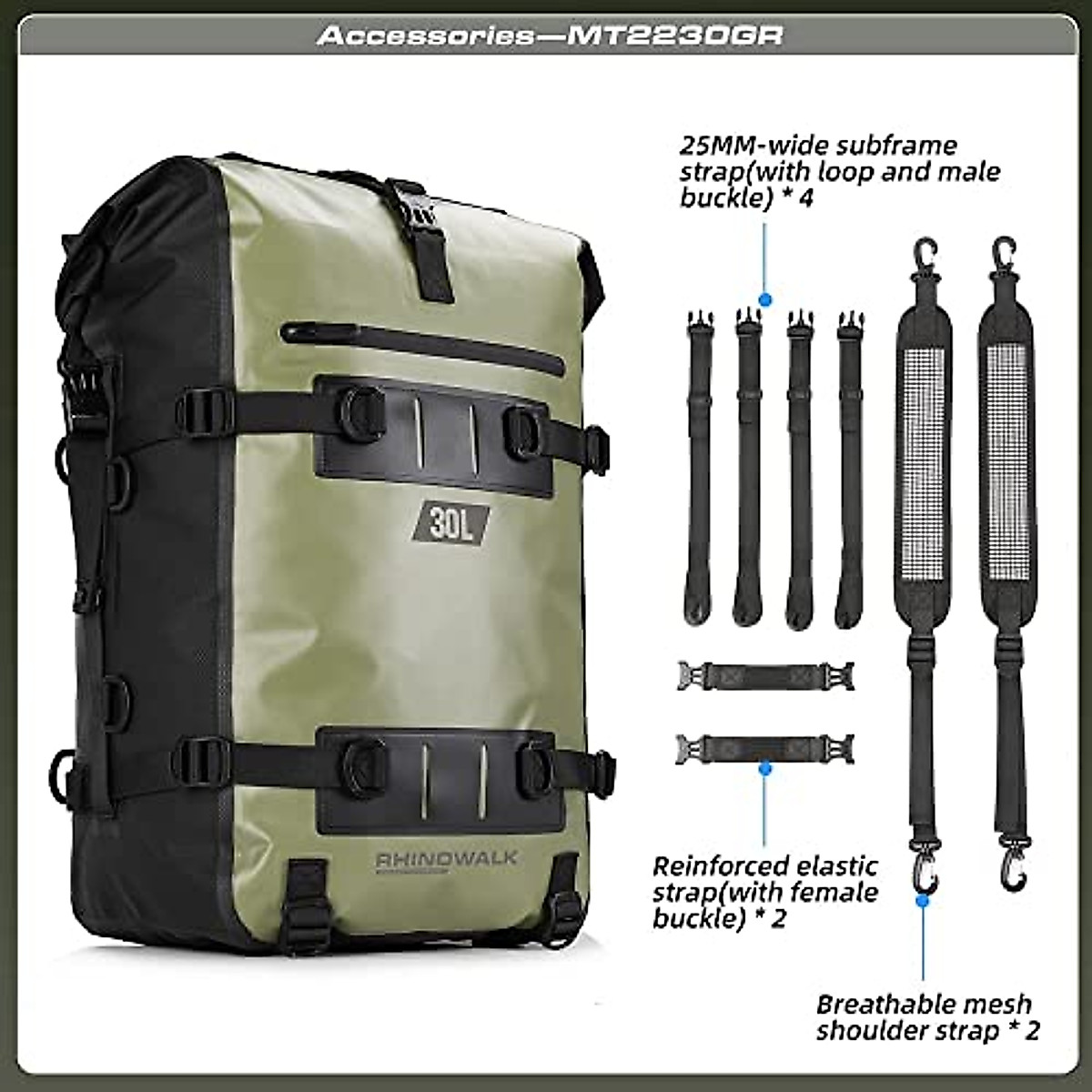 Rhinowalk Motorcycle Tail Bag Motorbike Side Bag 30L Full Waterproof Motor Saddle Pannier Bag Rear Rack Trunk Professional Motor Accessories-Green