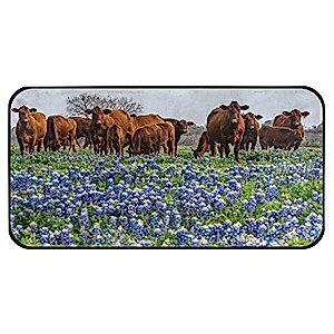 Cows Bluebonnets Spring Kitchen Rugs Cattle Animal Bath Mat for Bathroom Absorbent Non Skid Washable Standing Floor Desk Mat Runner Carpet for Home Office Hallway Sink Stove Laundry 39X20 inches