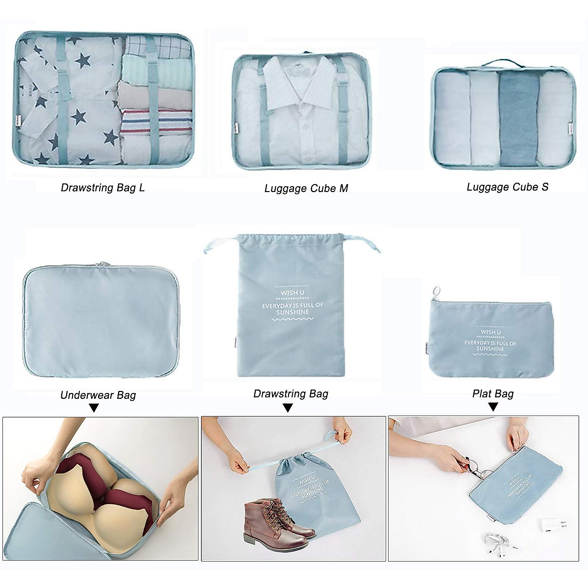 Lightweight 6 Pcs Packing Cubes System, Travel Storage Packing Organizers Laundry Bags Compression Pouches for Luggage (Upgraded Blue)