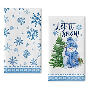 Seliem Winter Let it Snow Snowman Kitchen Dish Towel Set of 2, Blue Snowflakes Chickadee Hand Drying Baking Cooking Cloth, Christmas Tree Pine Cones Holiday Decor Home Decorations 18 x 26 Inch