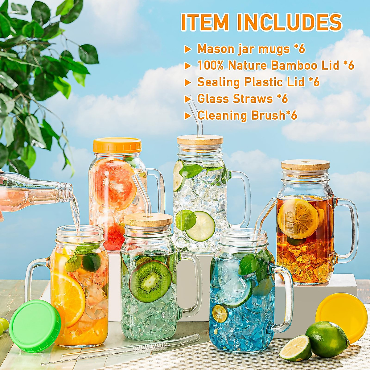 wookgreat Mason Jars with Handle, 6 Pack 24oz Mason Jar Drinking glasses with lid and straw, Mason Jar Cups, Regular Mouth Mason Jar mugs for Iced Coffee, Smoothie, Airtight Lids for Food Storage