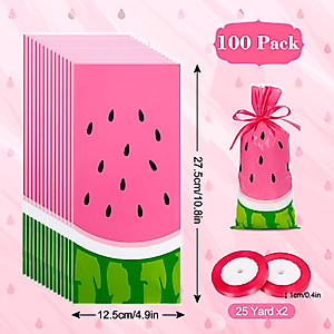 Whaline 100Pcs Watermelon Treat Bags Pink Green Candy Cellophane Bag 10.8 x 5 Inch Watermelon Plastic Goody Bags with Red Ribbon for Birthday Watermelon Party Favor Supplies Gift Summer Decoration