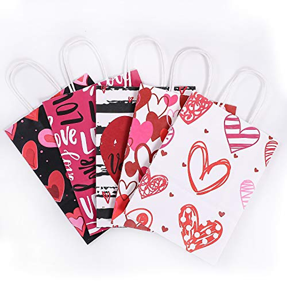 Cooraby 20 Pieces Valentines Day Paper Bags Valentine's Day Party Kraft Bags Paper Red and Pink Color Hearts Bags with Handle for Party Favors