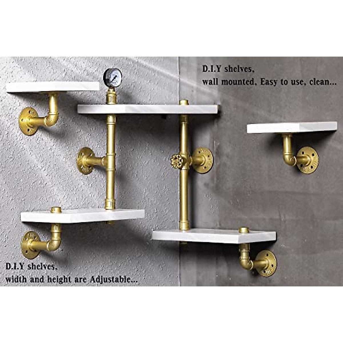 ZYUXUAN Industrial White and 18K Gold Floating Ladder Shelves, Wall Mounted Bookshelf/Bookcases for Home, Modern Pipe Frame Shelving with Wood Planks Floating Hanging Rack for Kitchen Bathroom Office