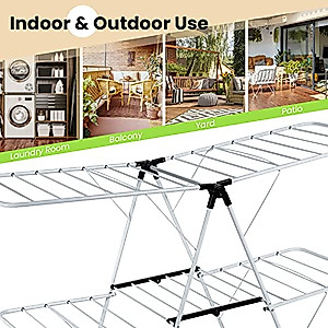 COSTWAY Clothes Drying Rack, Foldable 2-Level Laundry Drying Rack w/Height-Adjustable Wings, 33 Drying Rails & Sock Clips, Standing Large Drying Rack for Clothing, Indoor Outdoor Use