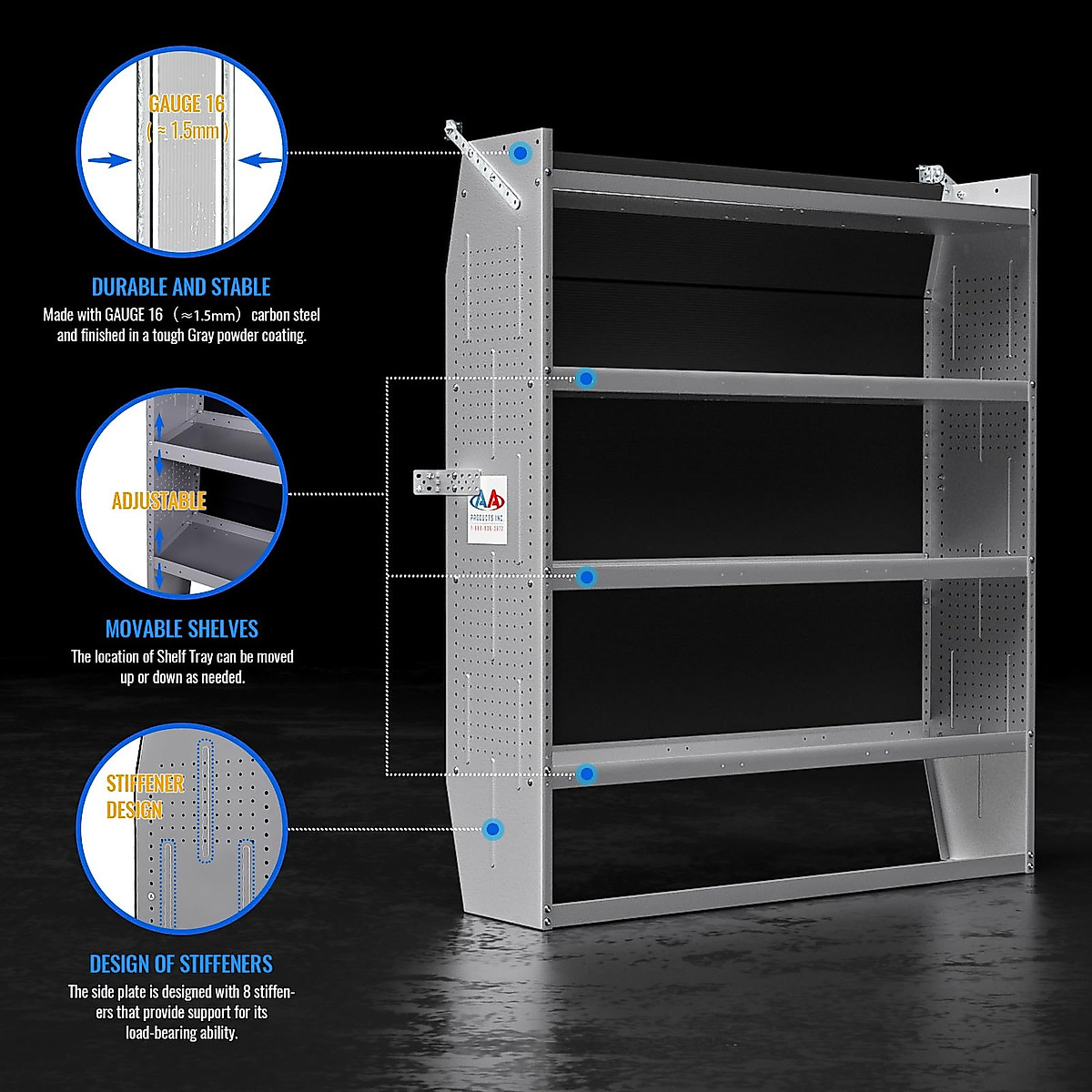 AA Products SH-6005 Steel Mid/High Roof Van Shelving Storage System Fits Transit, NV, Promaster and Sprinter, Van Shelving Units, 52''W x 60''H x 13''D