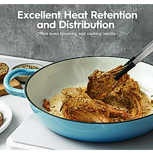 MICHELANGELO Braiser Enameled Cast Iron, 3.5 Quart Braiser Pan with Lid, Nonstick Braiser with Silicone Pads for Heat Insulation, Oven Safe Cast Iron Pan-Sky Blue