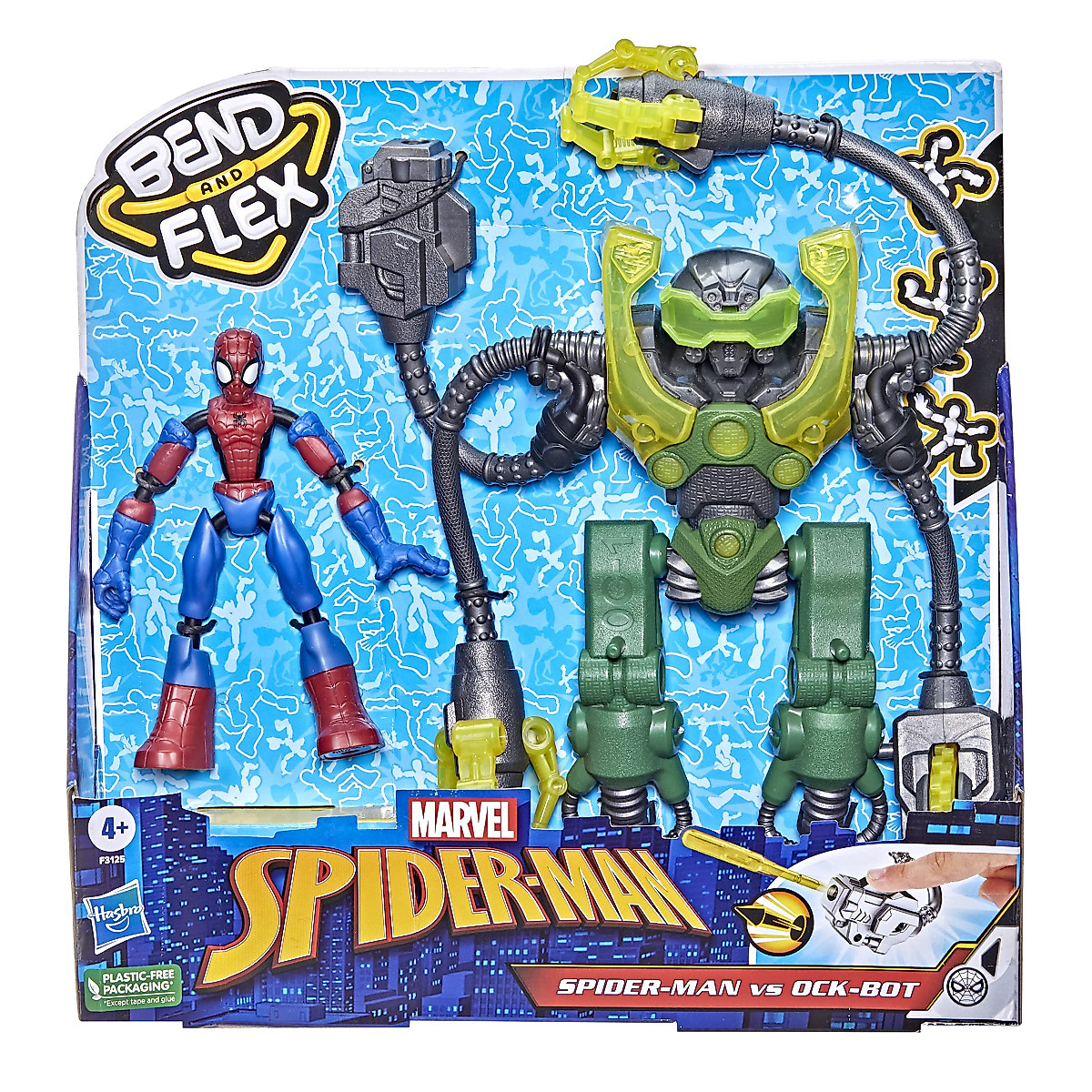 Marvel Bend and Flex Spider-Man Vs. Ock-Bot, 6-inch Spider-Man Action Figure, 10-Inch Ock-Bot with 2 Projectiles, Ages 4 and Up