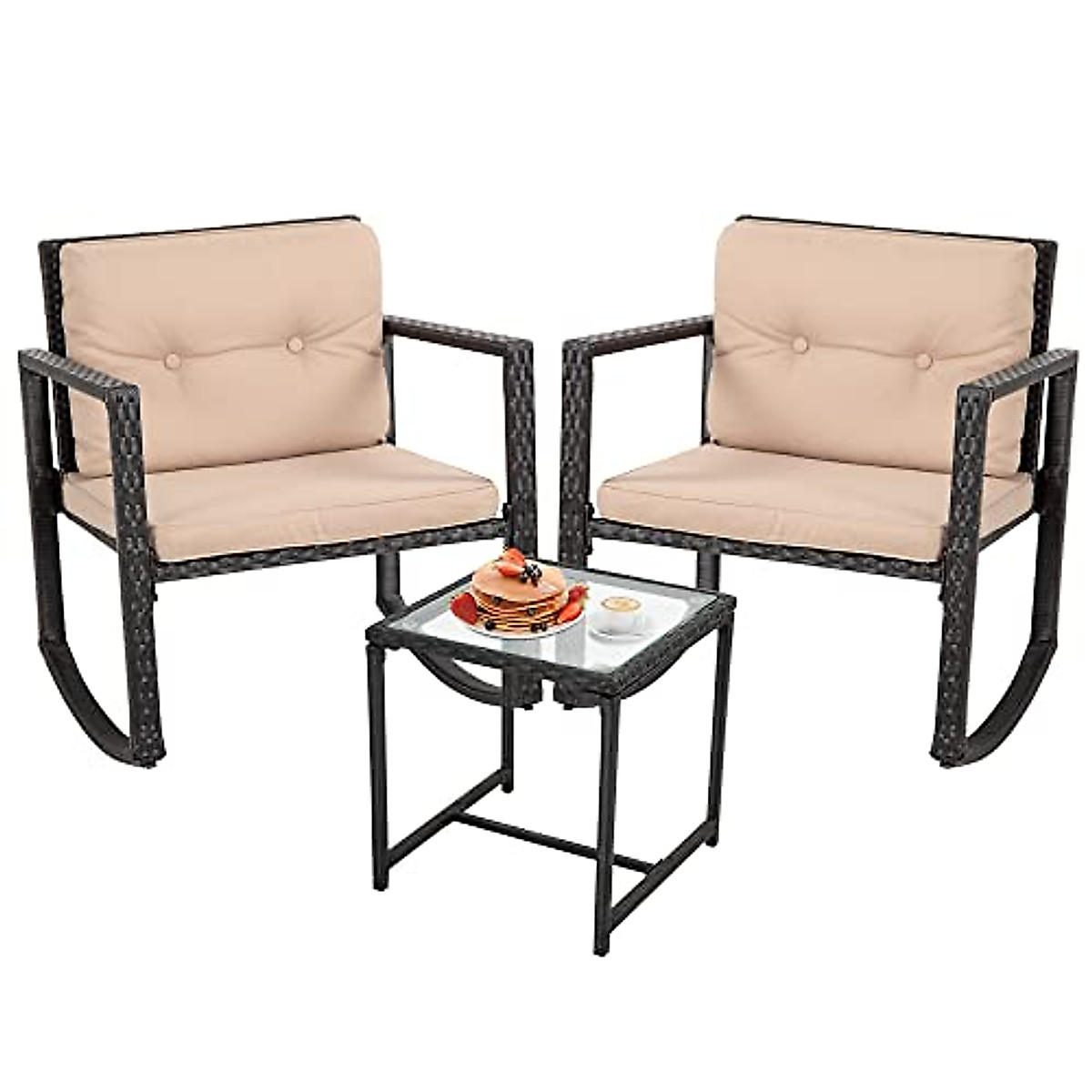 FDW Wicker Patio Furniture Sets Outdoor Bistro Set Rocking Chair 3 Piece Patio Set Rattan Chair Conversation Set for Backyard Porch Poolside Lawn with Coffee Table,Black
