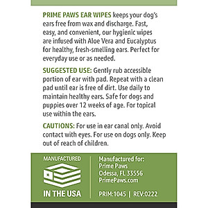 Prime Paws Ear Wipes for Dogs - Address Itchy Dog Ears & Help Remove Wax - Dog Ear Cleaner Wipes for Daily Ear Care - Canine Otic Cleanser Wipes with Aloe Vera & Pet-Safe Eucalyptus - 100 ct