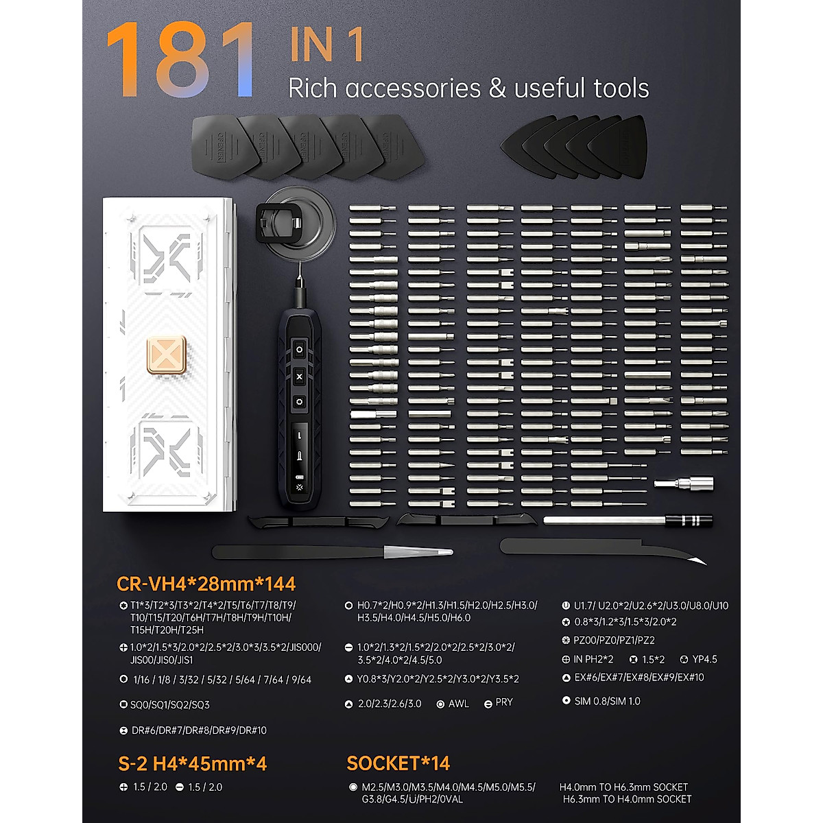 Electric Screwdriver Kit, 181 in 1 Mini Precision Screwdriver Set with 162 Magnetic Bits, 3 Torque Settings, 3.7V Cordless Power Screwdriver Repair Tool for Phone Camera Laptop Watch