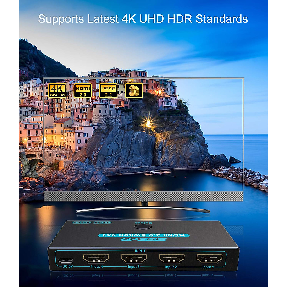 SGEYR HDMI 2.0 Switch 4 Port, HDMI Switch Splitter 4 in 1 Out, Metal HDMI Switcher 4K with IR Remote, Support HDCP 2.2 Support 4K@60Hz Ultra HD 3D 2160P 1080P, Compatible for PS3/PS4,Xbox
