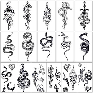 16 Sheets Realistic Snake Temporary Tattoo 3D Tribal Serpent Fake Tattoos Waterproof Peony Fake Rose Tattoos Temporary Viper Floral Designed Tattoo Stickers with Forearm Swords for Arm Body Art, Black