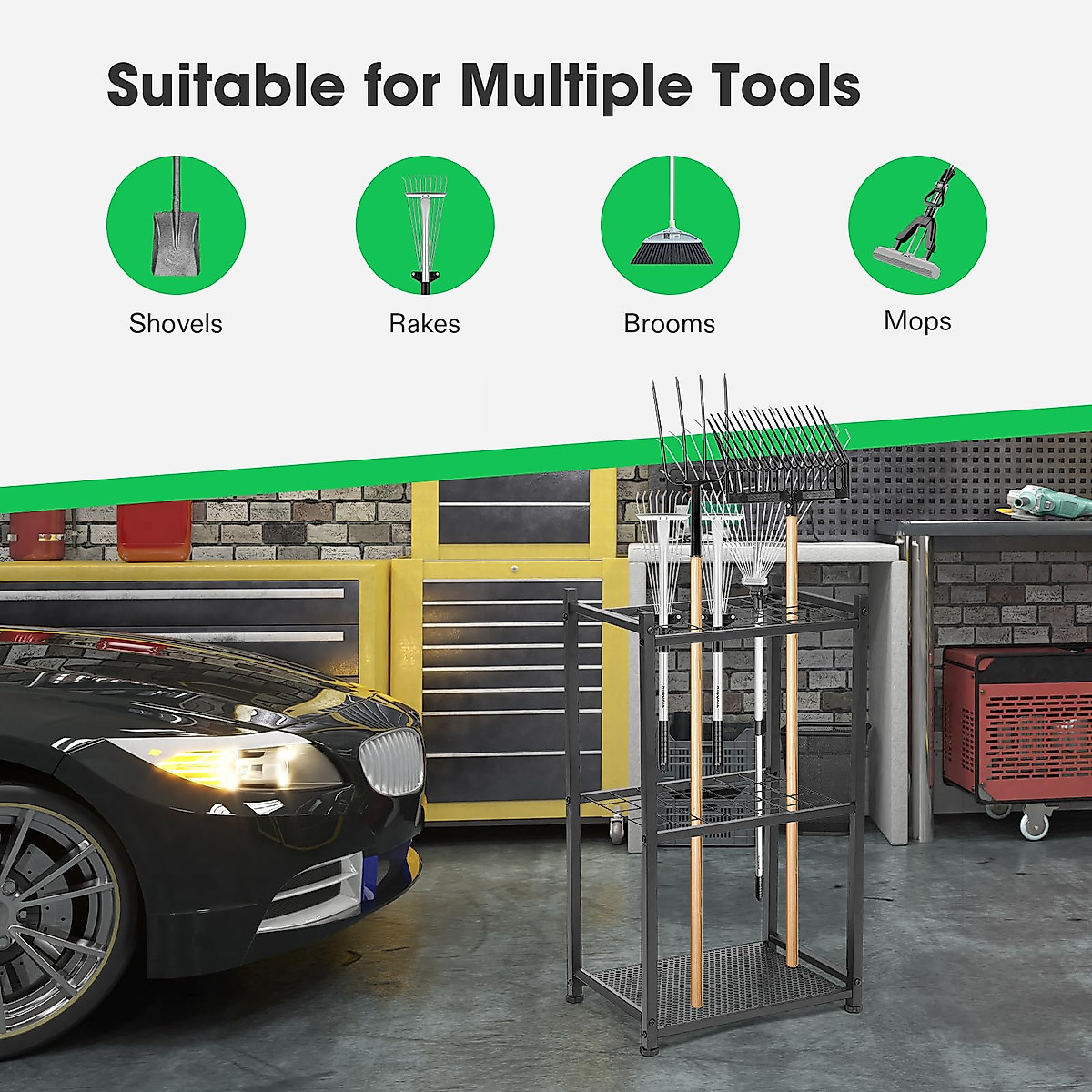 VIVOSUN Garden Tool Organizer, Heavy Duty Steel Tool Rack Tool Stand, Up to 35 Long-Handled Tools, Yard Tool Storage for Garage Shed Home and Outdoor, Angular Style with Anti-tipping Design