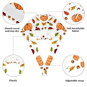 Bouffant Caps with Buttons, Autumn Pumpkin Leaves Acorn Surgical Hat for Medical & Rabbit Ear Scrunchie Set, Cotton Scrub Caps Sweatband