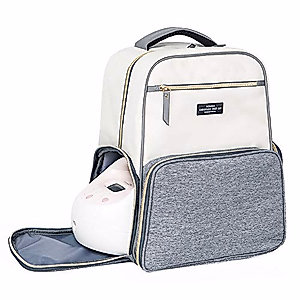 Breast Pump Backpack Diaper Bag - Multi-Function Mommy Outdoor Working Backpack with Insulation Pocket (Beige&Grey)