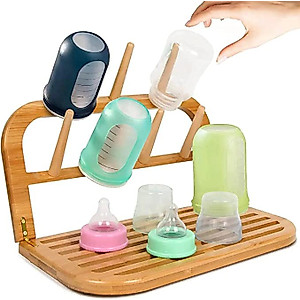 MEUHIIS Bamboo Baby Bottle Drying Rack Space Saving,Travel Baby Bottle Rack Dryer Holder Portable Countertop Bottle Dryer Rack Organizer,Bamboo Drying Rack for Bottles,Cups,Pacifiers and Accessories
