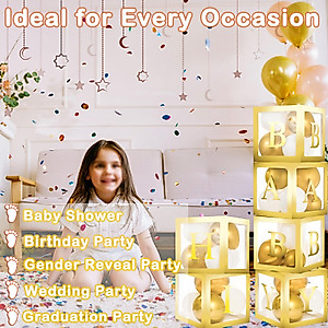 Baby Boxes with Letters, 6 Transparent Balloon Boxes with 78 Letters & Numbers, Clear Name Boxes for Baby Shower Birthday Bridal Wedding Gender Reveal Party Decorations Backdrop, Gold