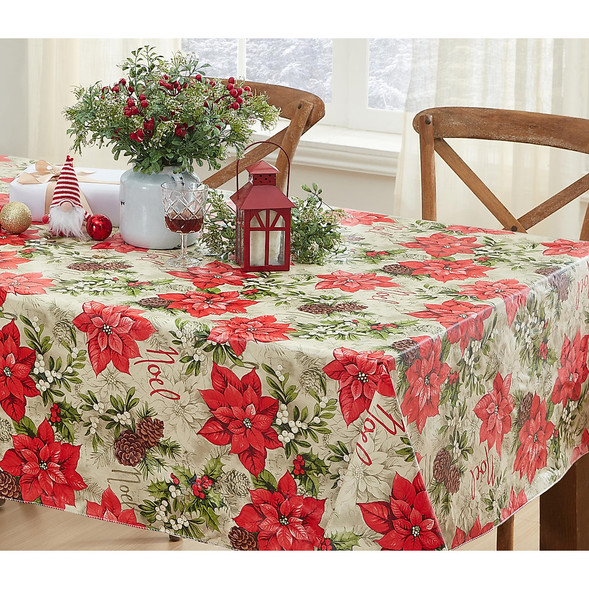 Newbridge Majestic Winter Poinsettia Festive Floral Christmas Print Vinyl Flannel Backed Tablecloth, Noel and Holly Berry Xmas Easy Care Wipe Clean Tablecloth, 60 Inch x 84 Inch Oblong/Rectangle