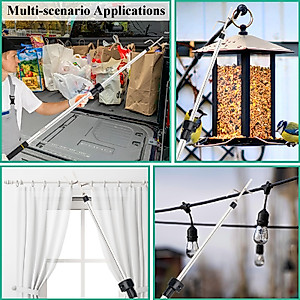 Greeily Clothes Hanger Reaching Hook, High Reach Garment Hook Telescopic Adjustable 37" to 63" for Hanging Clothes Plants Bird Feeders Christmas Light Pole Stainless Steel Material with 2 Long Hooks