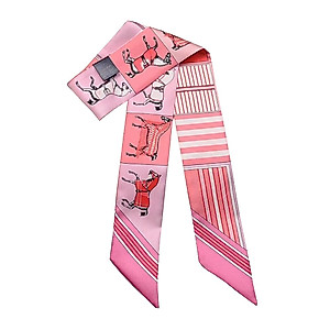 JERLA 100% Mulberry silk Scarf Bag scarf Head Hair Ribbon Handbag Handle wrap Tie Bundle Scarf Neckerchief Scarf for women (Horse pink)
