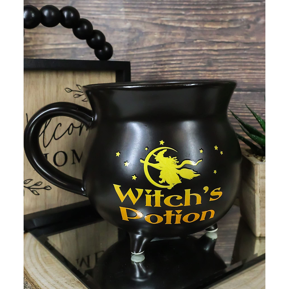 Ebros Wicca Sacred Witch's Potion Reduction Fired Porcelain Black Cauldron Shaped Bowl Or Large Mug 32oz With Handle Hot Cocoa Coffee Tea Cereal Soup Mugs Bowls Occult Witchcraft