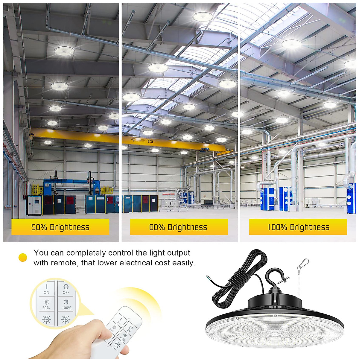 200W UL/DLC Listed LED High Bay Light Remote Control Dimmable Extra Bright Large 30,000Lm 5000K IP65 Waterproof LED UFO Warehouse Shop Bay Lights AC100-277V