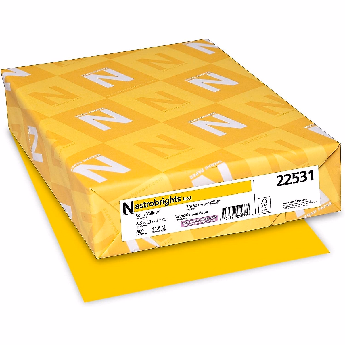 Neenah Wausau Paper 22531 Astrobrights Color Paper, 8.5” x 11”, 24 lb / 89 GSM, Solar Yellow, 500 Sheets