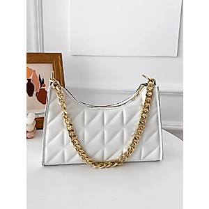 WDIRARA Women's Quilted Small Purse Chain Straps Shoulder Bag Zipper Handbag White
