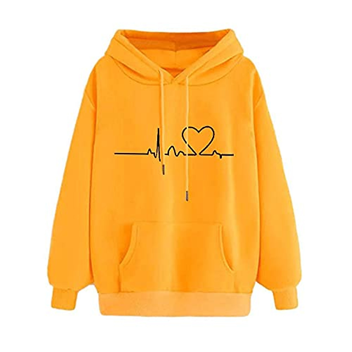 Fashion Hooded Sweatshirts for Women Long Sleeve Drawstring Pocket Classic Pullovers Electrocardiogram Casual Shirt Tops Yellow