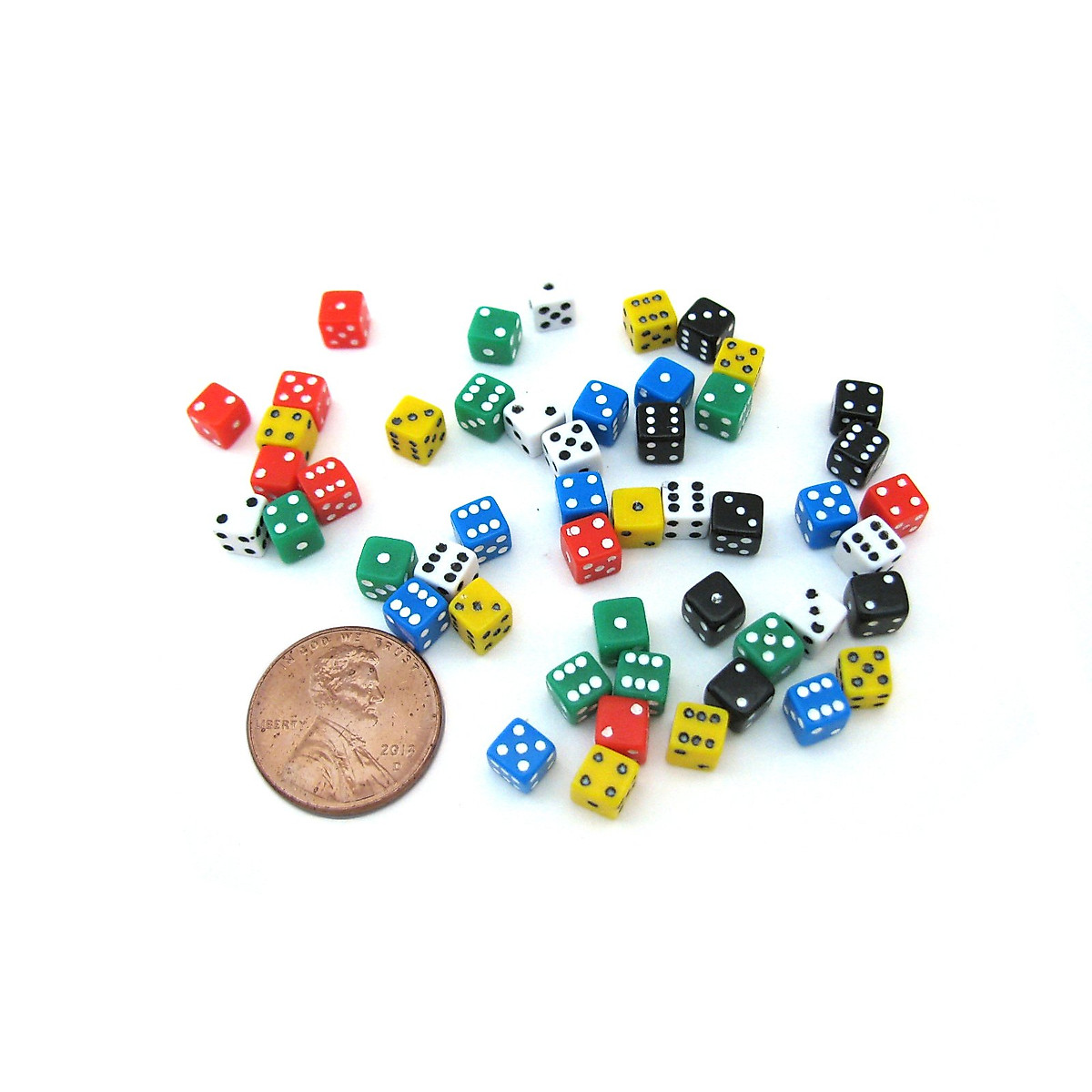 Koplow Games 1816x 50 Six Sided D6 .197" Die Small Tiny Mini Miniature Multicolored Dice, 5 mm, White/Black/Red/Green/Blue/Yellow, 5mm (Pack of 50)