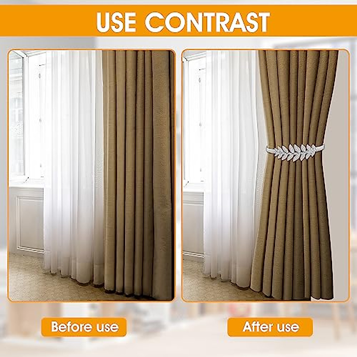 Amaxiu Curtain Tiebacks, 4 Pack Leaf Carving Design Curtain Holdback Adjustable Curtain Ties for Drapes Decorative Modern Style Curtain Drapery Wall Hooks Hanger Window Treatment Holdbacks(Silver)