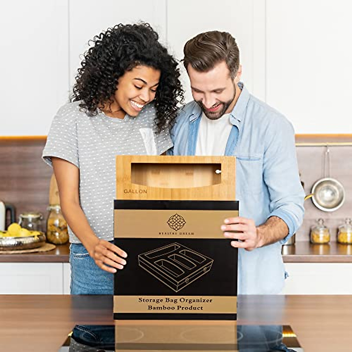 HEALTHY DREAM Bamboo Ziplock Bag Storage Organizer and Dispenser for Kitchen Drawer - Compatible with Ziploc, Hefty, Glad, Solimo for Snack, Sandwich, Quart and Gallon Size Storage Bags (4 in 1)