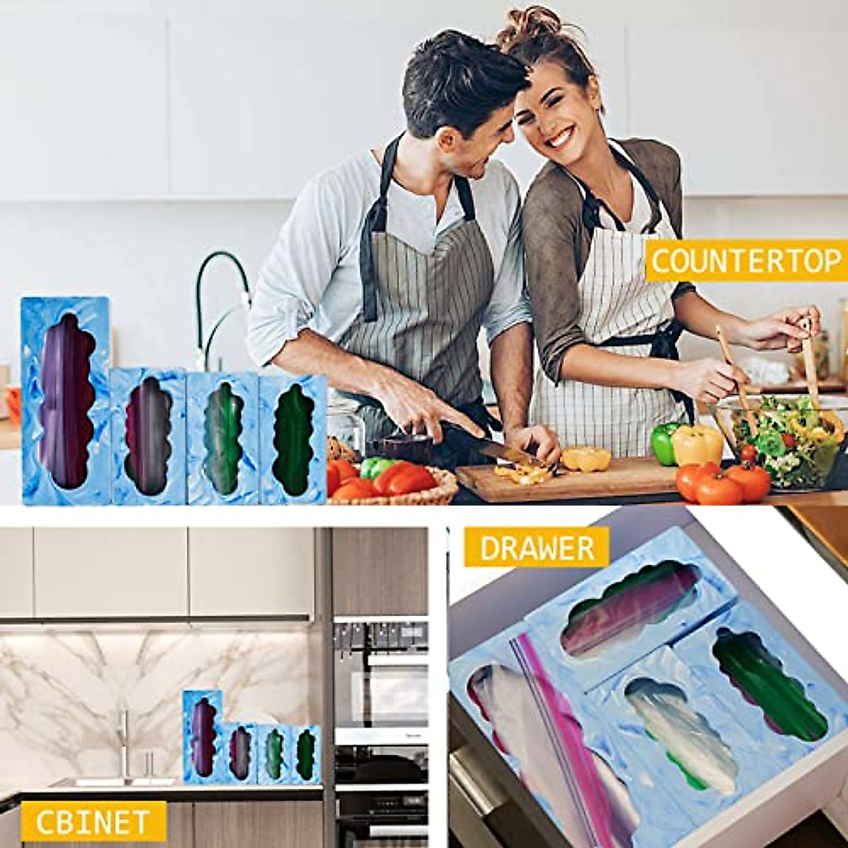 Levvohd 4 Separate Ziplock Bag Storage Organizer, Food Zip lock Bag Storage Organizer for Kitchen Drawer, Compatible with Gallon, Quart, Sandwich & Snack Variety Size Baggie Dispenser (Blue and White