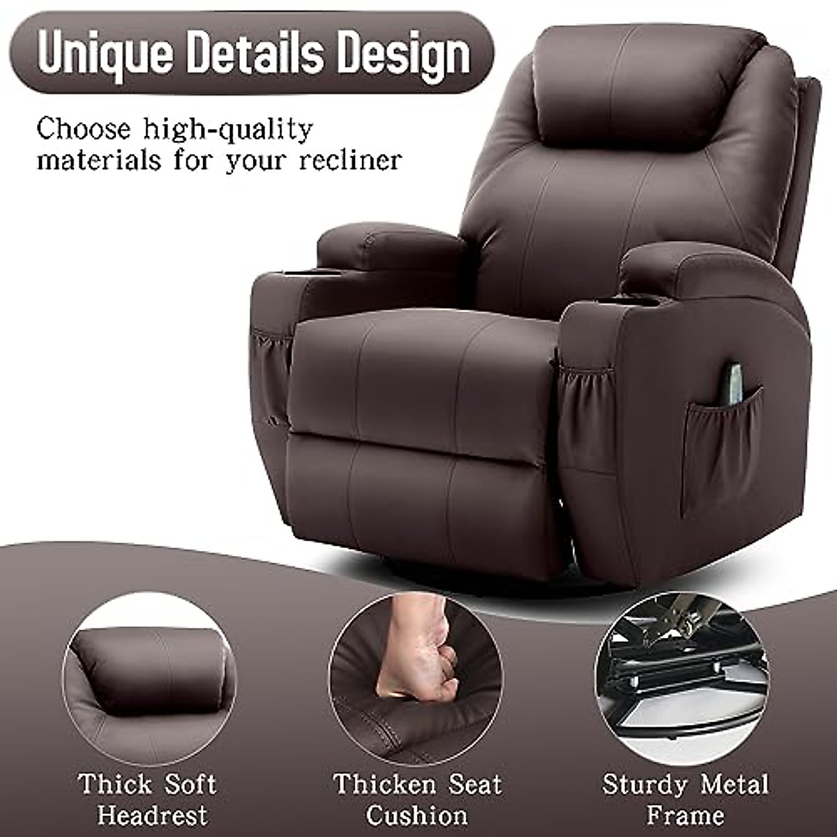 Korser Recliner Chair, Rocking Chair with Massage and Heat, 360° Swivel Recliner Chairs for Adults, Rocker Manual Recliner with Remote Control and Cup Holder for Living Room, Bedroom, Nursery