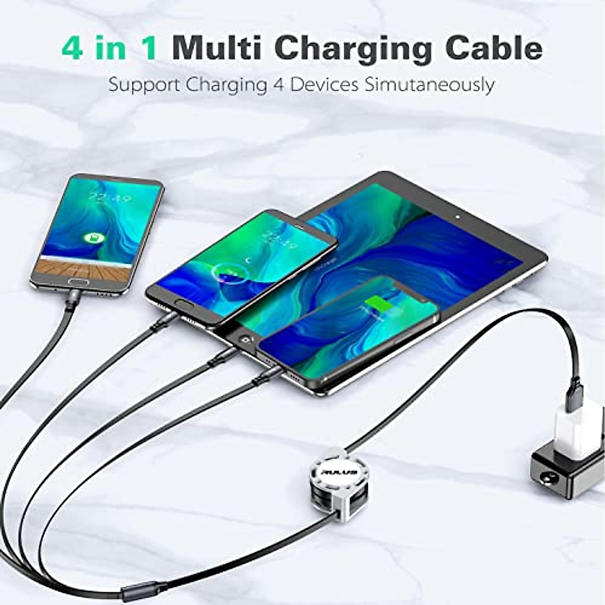 Multi Charging Cable 4A [2Pack 4Ft] 4 in 1 Retractable Multi Fast Charger Cable with 2 * IP/Type C/Micro USB Ports USB Cable for All Phones/iP 12 11 Xs/Samsung Galaxy/Huawei/LG/Google/HTC/Sony/Tablets