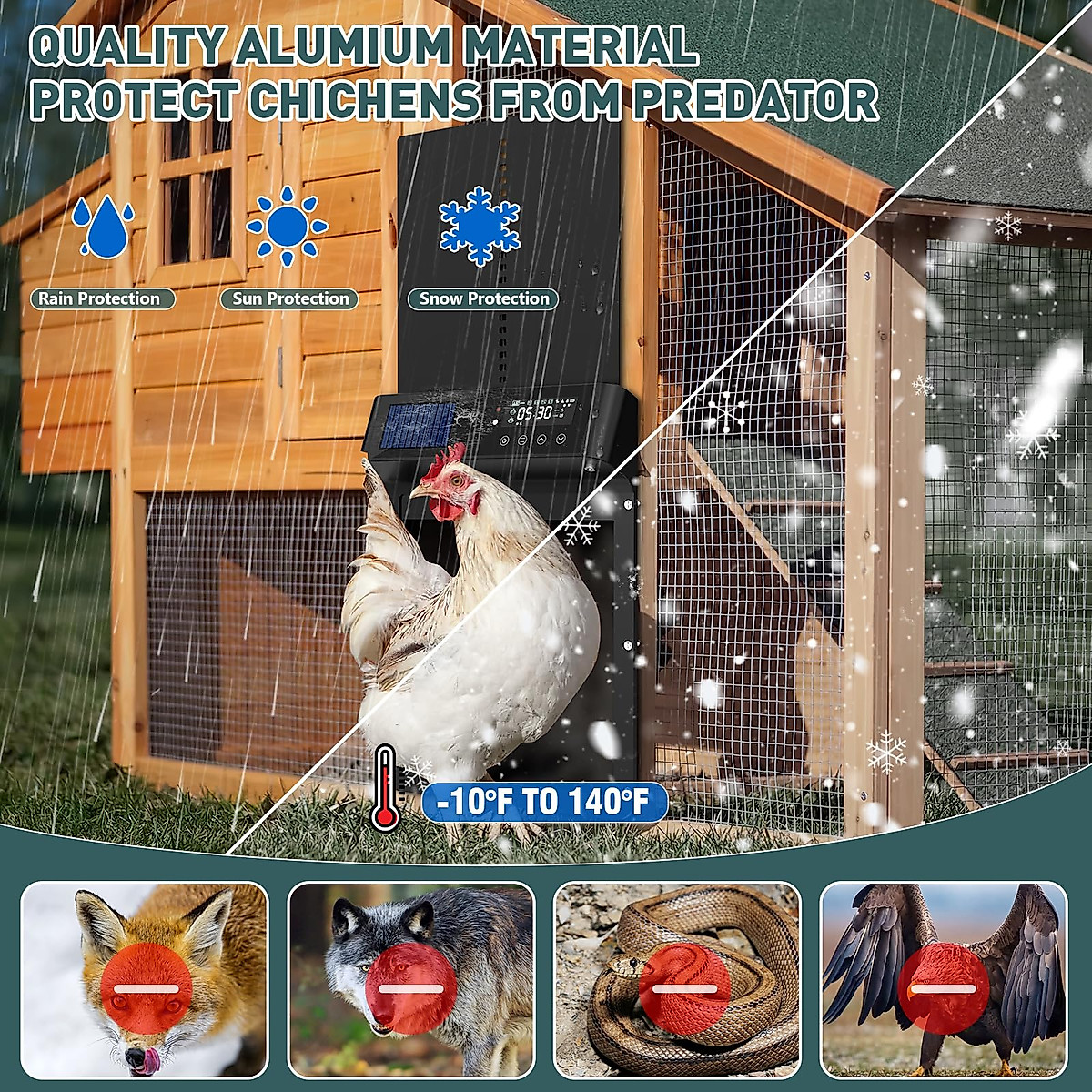 Profey Solar Powered Automatic Chicken Coop Door, LCD Display, 4 Modes, Waterproof, Aluminum Alloy, Remote Control, AA Battery Operated, 9.2x10.7x9.2 inches