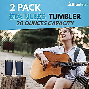 BluePeak Double Wall Stainless Steel Insulated Tumbler Set, 2-Pack, Includes Sipping Lids, Spill-Proof Sliding Lids, Straws, Cleaning Brush & Gift Box (20oz, Navy)