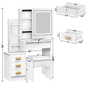 Vanity Desk with LED Lighted Mirror,Vanity Desk with Mirror and Lights,Makeup Table with Drawers,Vanity Desk with Storage Shelves,Makeup Table Stool,Vanity Desk with Light for Bedroom Dressing Table