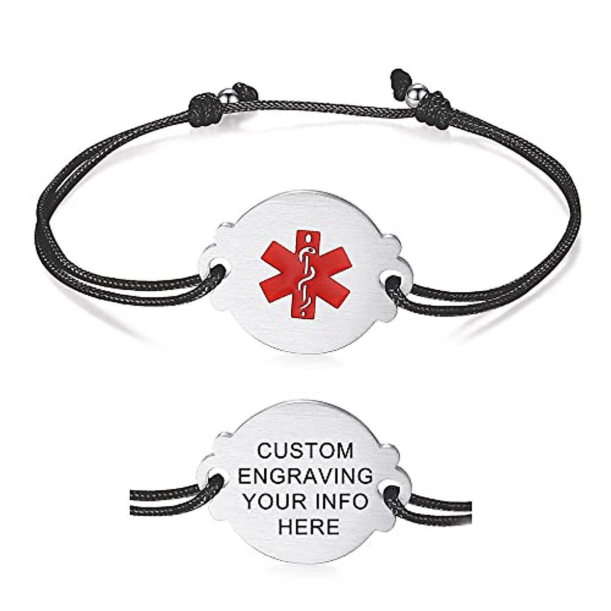 LinnaLove Medical Alert Bracelet for Women Adjustable Handmade Cord Medical ID bracelets with personalized Customize engraved-Black