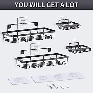 HATUO-001 4-Pack Shower Caddy Basket Shelf with Rustproof Black Hooks Storage Rack Organizer,No Drilling Can be wall-mounted without holes for Bathroom, Washroom, Restroom, Shower,Kitchen