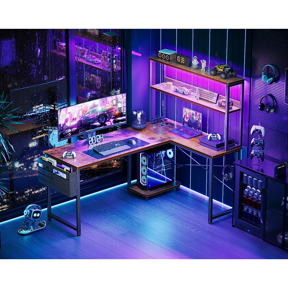 AODK L Shaped Desk Gaming Desk with LED Light & Power Outlet, 53 Inch Reversible L Shaped Computer Desk with Shelf, Corner Desk with Storage Bag&Hook for Home Office Desk, Vintage