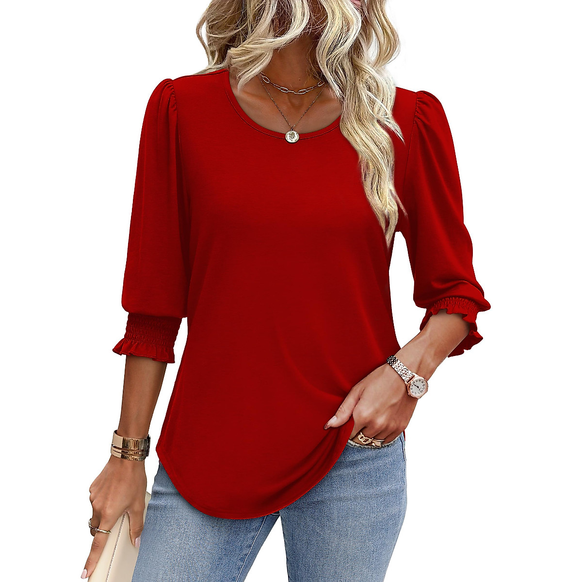 XIEERDUO 3/4 Length Sleeve Womens Tops Blouses for Women Dressy Casual Womens Short Sleeve Tops Red L