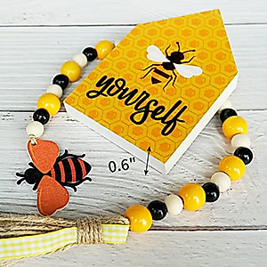 Bee Decorations, Spring Farmhouse Honey bee Tiered Tray Decor,Bumble Bee Gnome Plush,3X Bee Sign, Mini Bee Hive, Wood Bead Garland,Rustic Farmhouse Kitchen Table