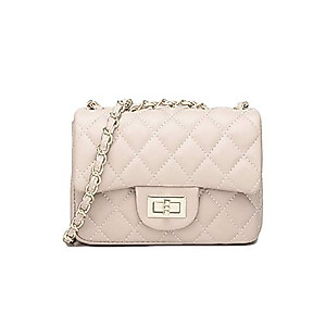 Women's Quilted Shoulder Bag | Chain Link Strap Clutch Purse | Crossbody Mini Messenger Handbag (Beige, Mini)