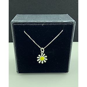 Sterling Silver Ladies Yellow White Enamel Daisy Flower Necklace for Women