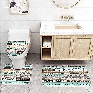 3 Pieces Education Wooden Plank Memory Foam Bath Mat Sets, U-Shaped for Bathroom Rugs, Toilet Mats, Inspirational Motivational Family Warm Words Phrases Mat Set, Non-Slip Water Absorption