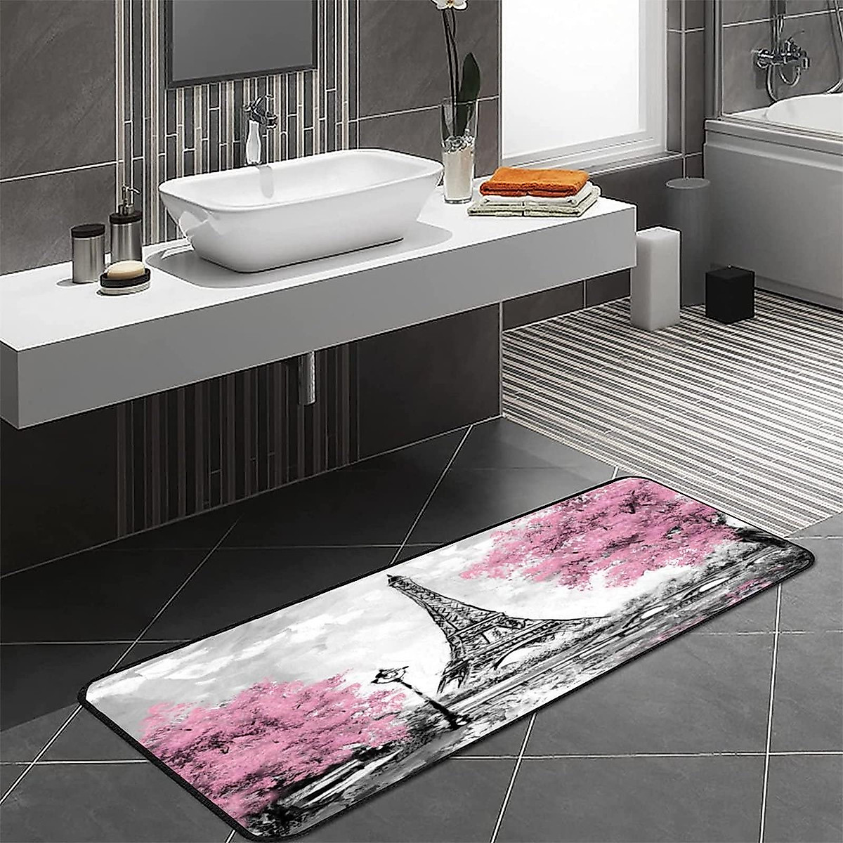 TsyTma Oil Painting Paris Eiffel Tower Kitchen Rug Non-Slip Decor Absorbent White and Pink Modern Art Kitchen Floor Mat Bathroom Rug Waterproof Runner Rug 39"x20"